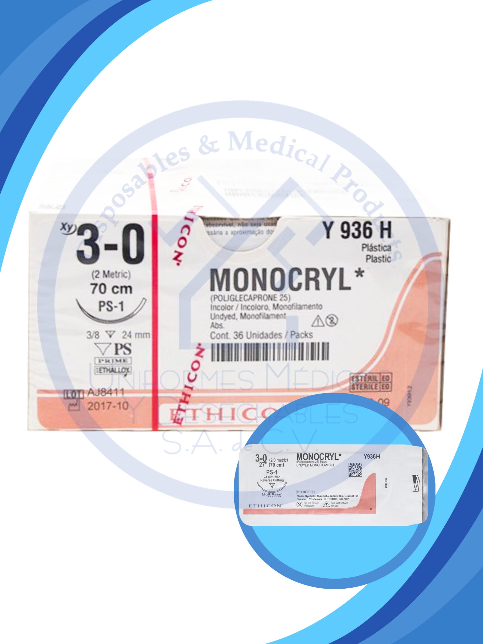 MC134, SUTURA MONOCRYL 3-0 PS-1 3/8 Y936H CAJA C/36 - UMD